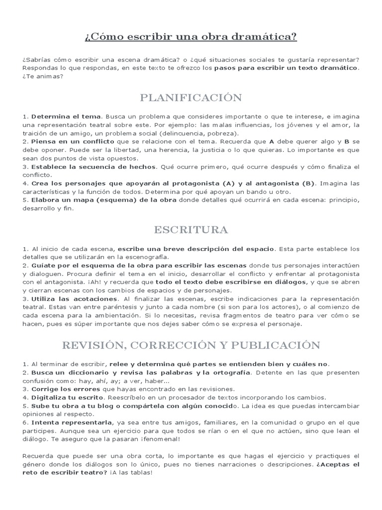 Cómo Escribir Una Obra Dramática (Primero Medio) | PDF | Teatro ...