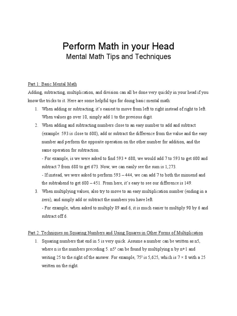 Perform Math in Head | Download Free PDF | Subtraction | Algebra