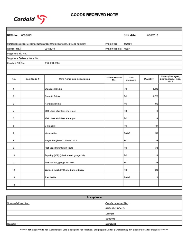 Goods Received Note, Caritas Maralal | Download Free PDF | Metals ...