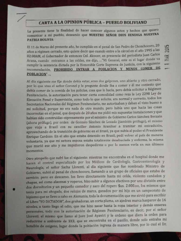 Carta Del Exgeneral Del Ejército Luis García Meza | PDF