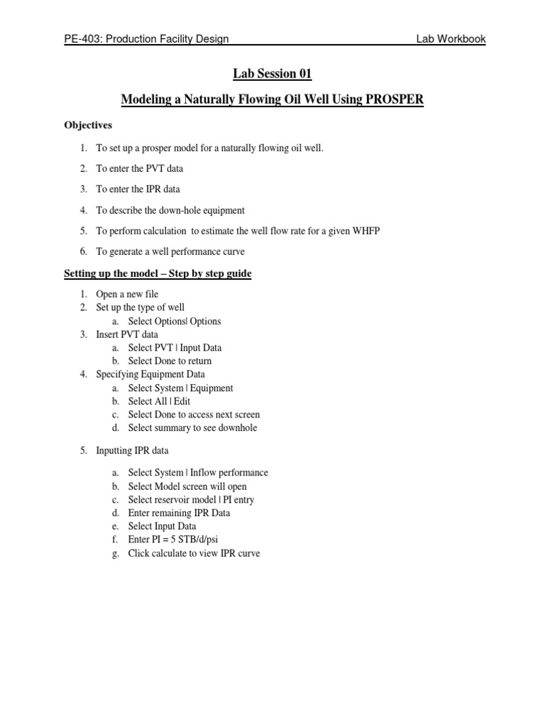 Lab Session 01 Modeling A Naturally Flowing Oil Well Using PROSPER ...