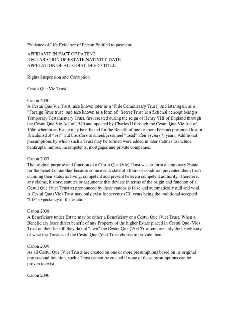 Evidence of Life Evidence of Person Entitled To Payment | PDF ...
