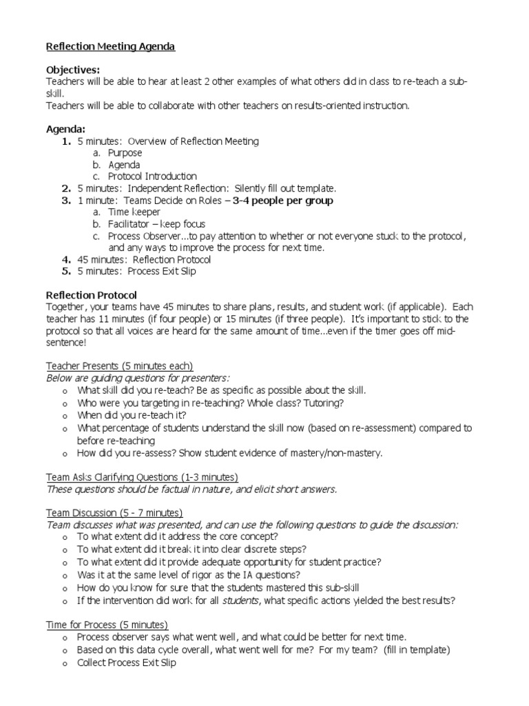 Reflection Meeting Sample Agenda | Communications Protocols | Teaching