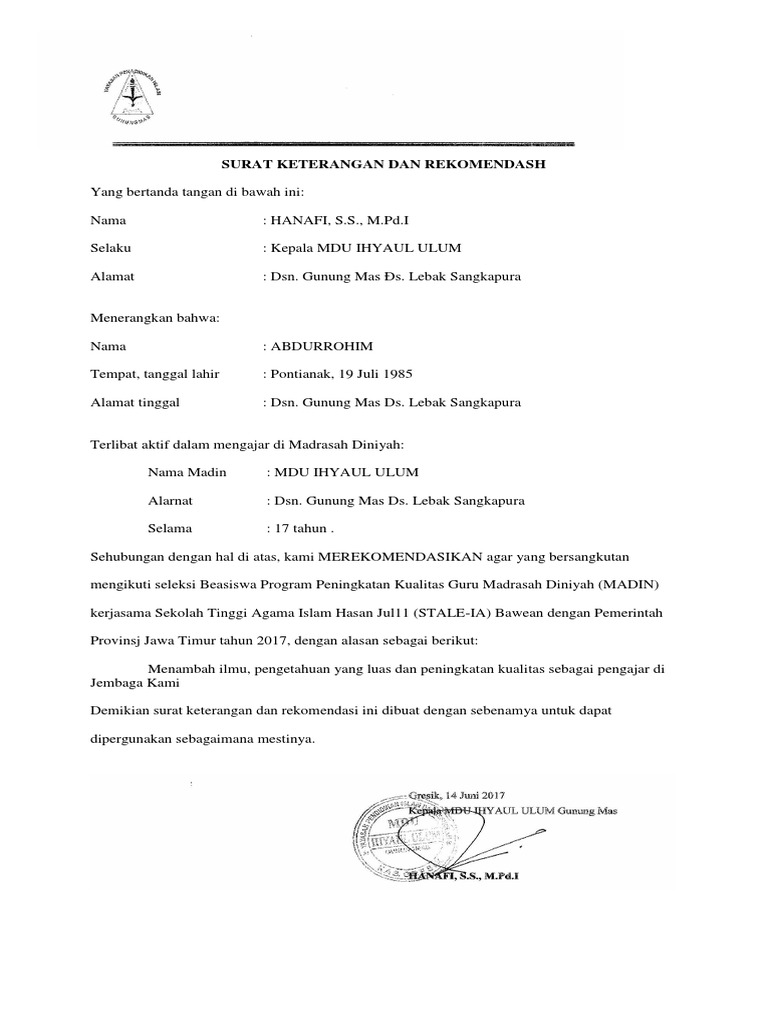 Contoh Surat Pengabdian Dan Rekomendasi | PDF
