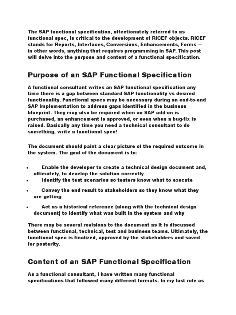 SAP Functional Specification | PDF | Specification (Technical Standard ...