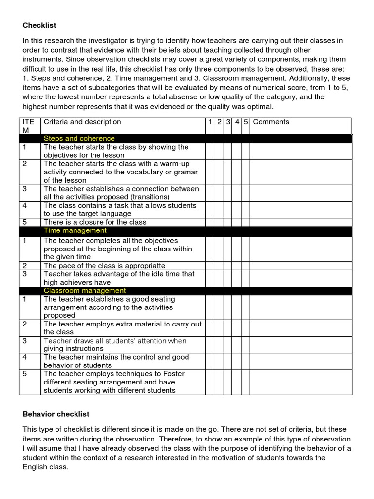 Steps and Coherence: Checklist | PDF | Classroom Management | Rubric ...