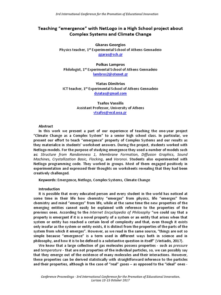 Teaching "Emergence" With NetLogo in A High School Project About Complex Systems and Climate ...