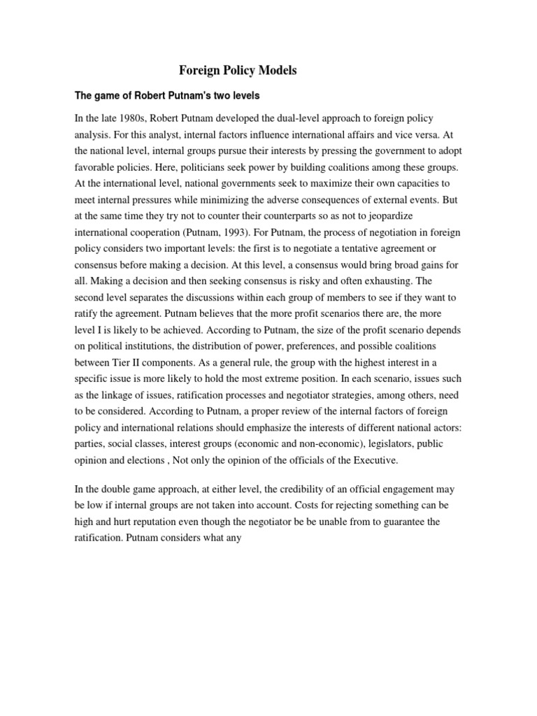 Foreign Policy Models: The Game of Robert Putnam's Two Levels | PDF ...