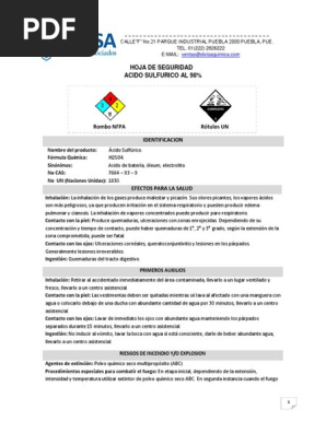 Hoja De Seguridad Grupo ACIDO SULFURICO PDF Solubilidad, 48% OFF