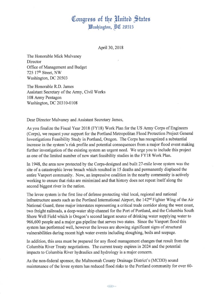 Flood protection feasibility study for Portland letter