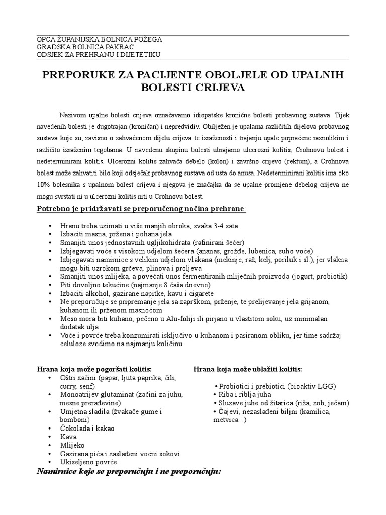 Upute - Dijeta Kod Upalnih Bolesti Crijeva | PDF
