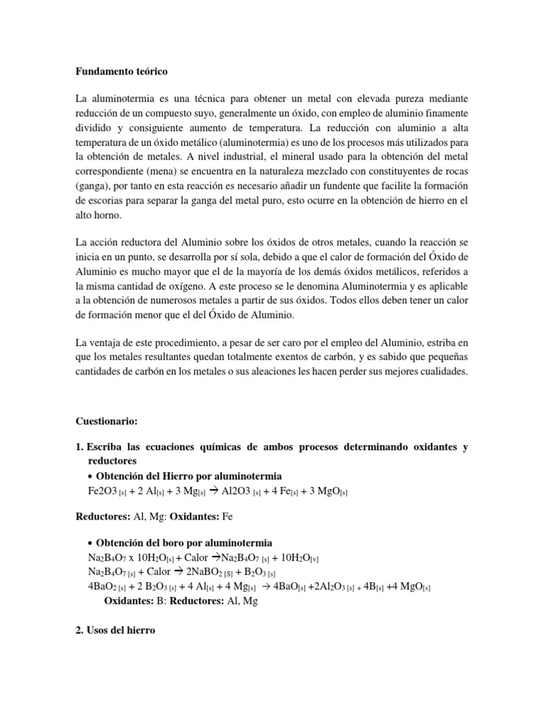 Aluminotermia: Proceso y Aplicaciones | PDF | Hierro | Aluminio