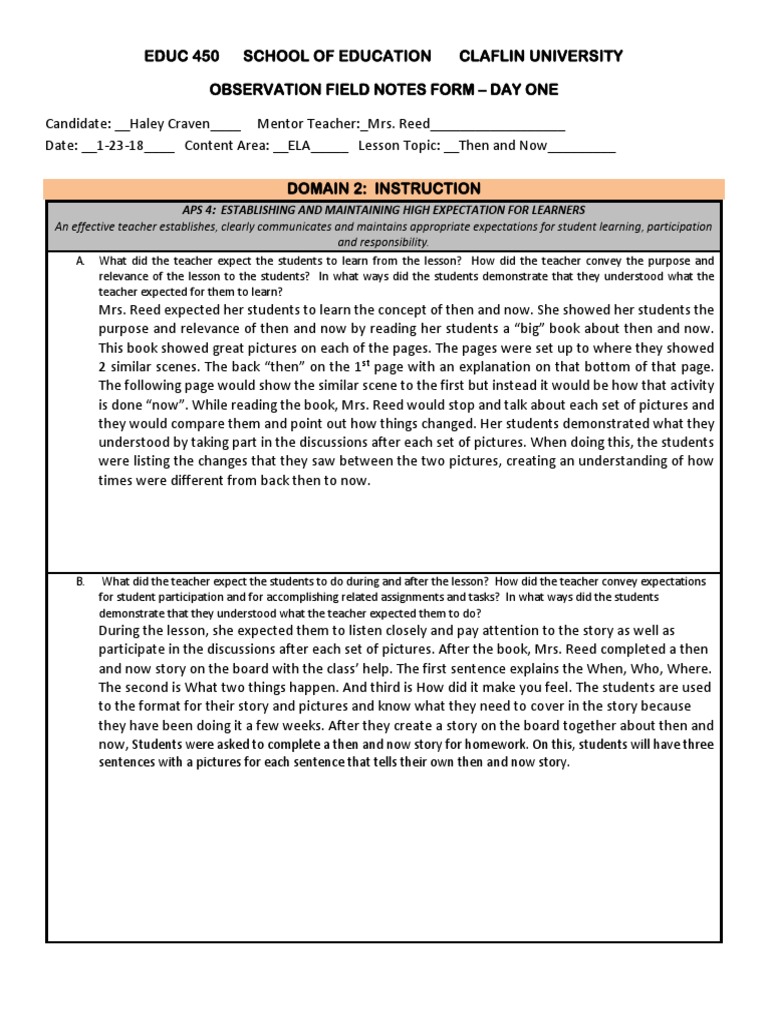 Educ 450 School of Education Claflin University Observation Field Notes ...