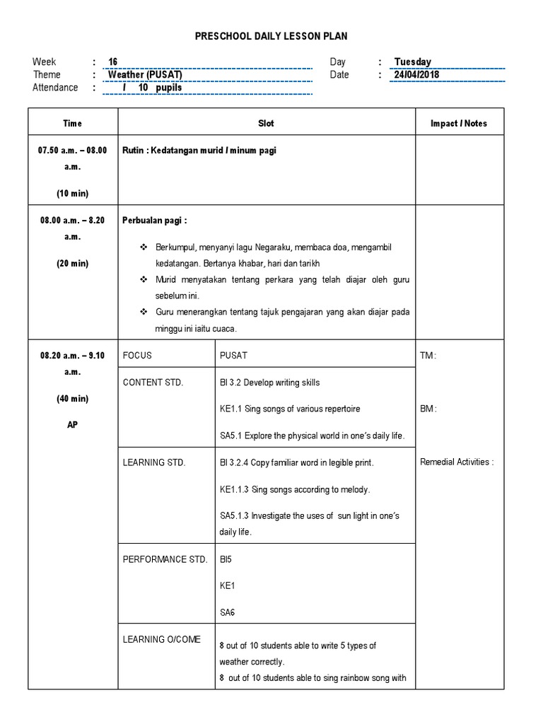 Preschool Daily Lesson Plan: 16 Day: Tuesday: Weather (PUSAT) Date: 24 ...