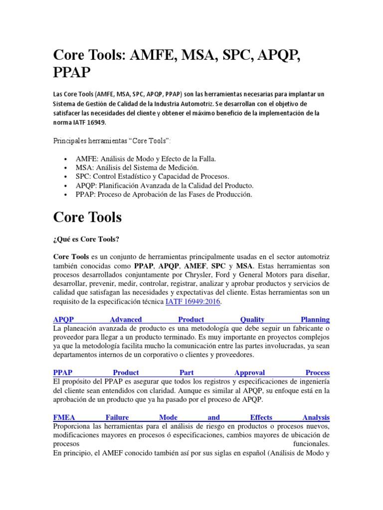Core Tools: AMFE, MSA, SPC, APQP, Ppap | Calidad (comercial ...