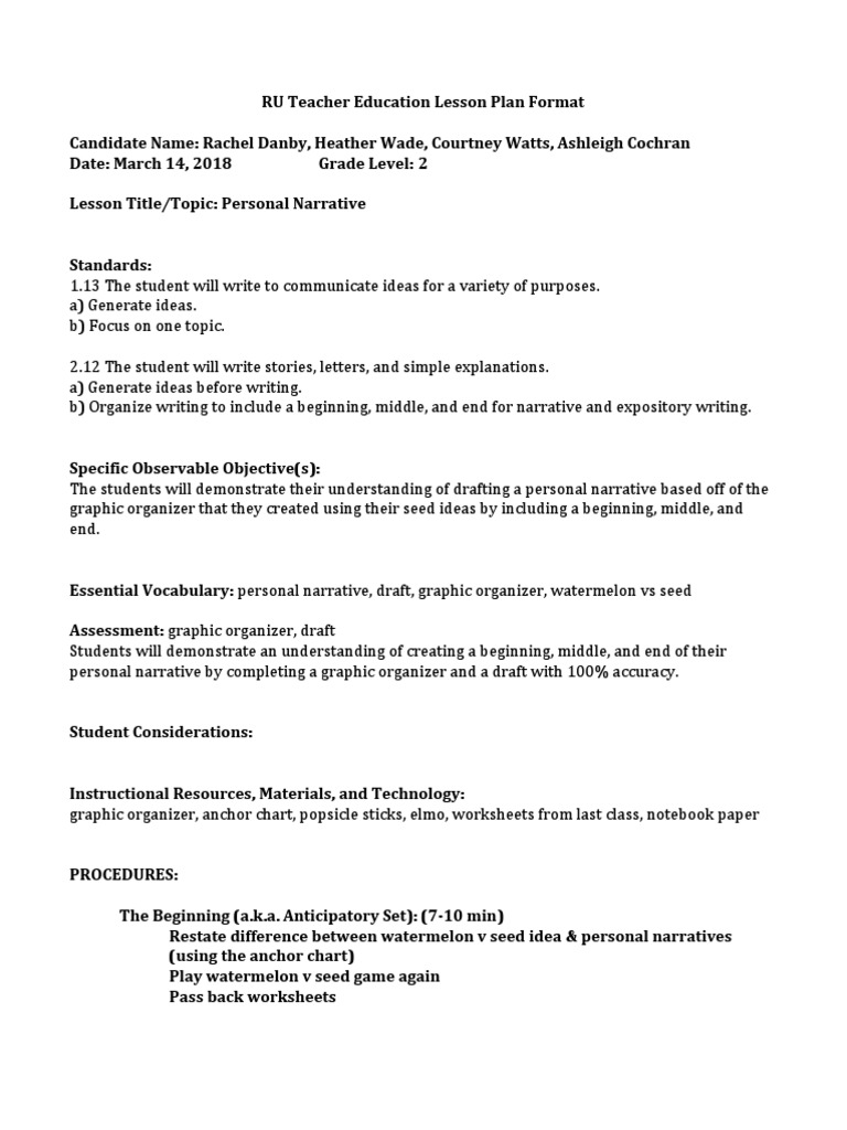 2nd Grade Personal Narrative Lesson Plan | PDF | Lesson Plan ...