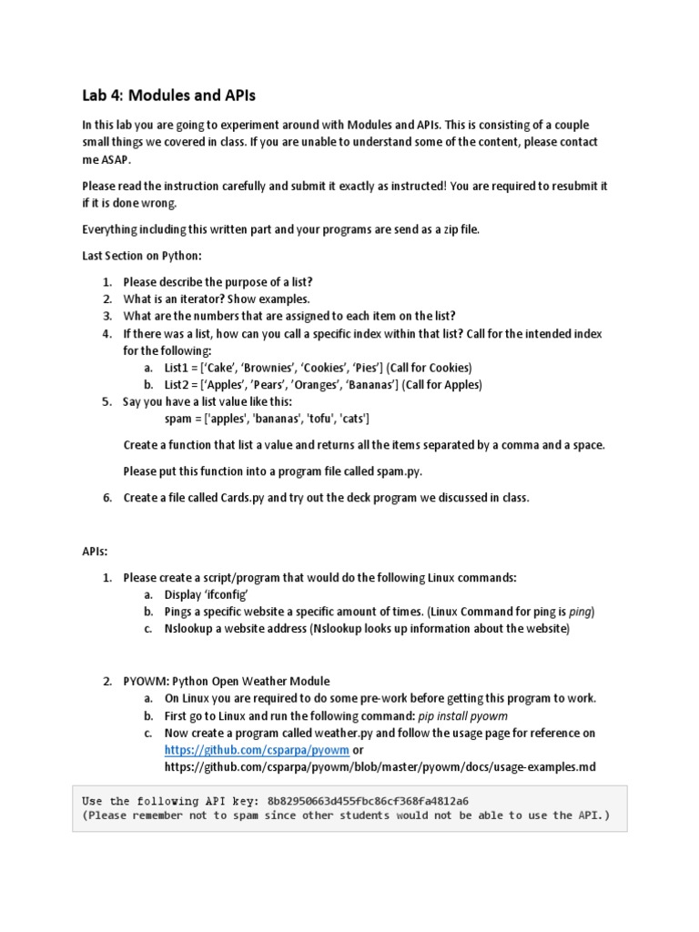Lab 4: Modules and Apis: Use The Following Api Key | Download Free PDF ...