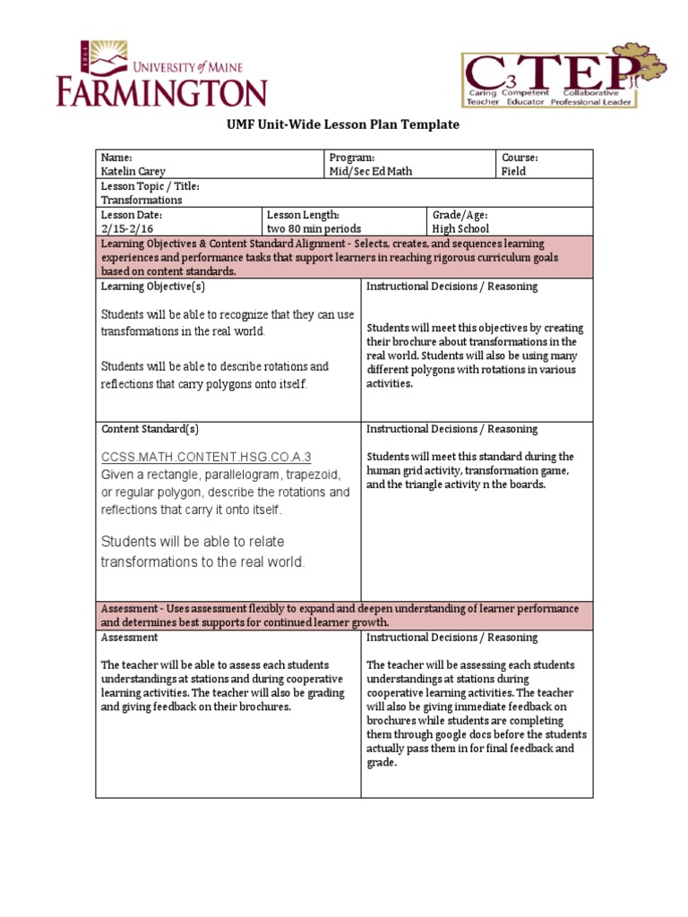 UMF Unit-Wide Lesson Plan Template | PDF | Homework | Cartesian ...