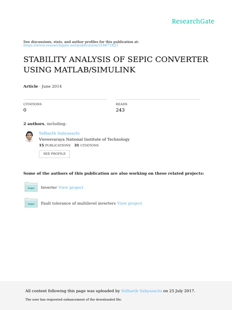 Stability Analysis of Sepic Converter Using Matlab-Simulink | PDF | Electromagnetism | Physical ...