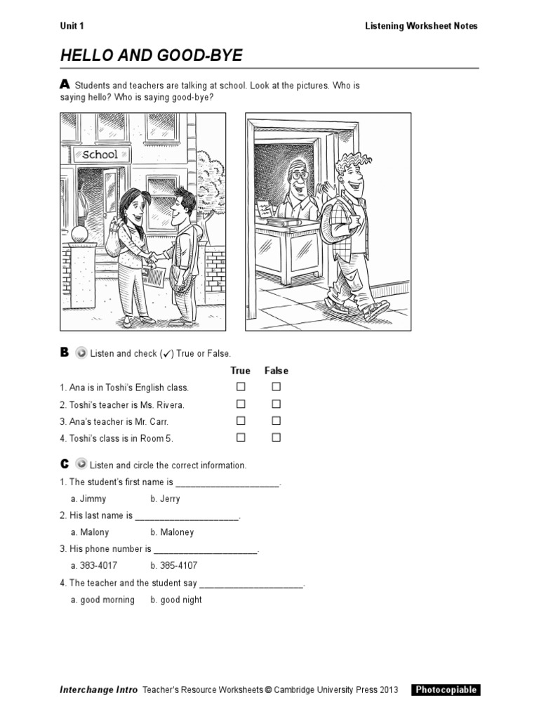 Hello and Good-Bye: Unit 1 Listening Worksheet Notes | PDF