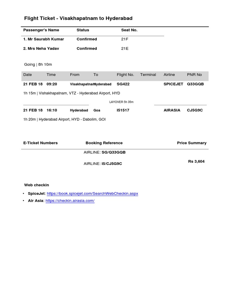 Flight Ticket - Visakhapatnam To Hyderabad: 1h 15m - Vishakhapatnam ...