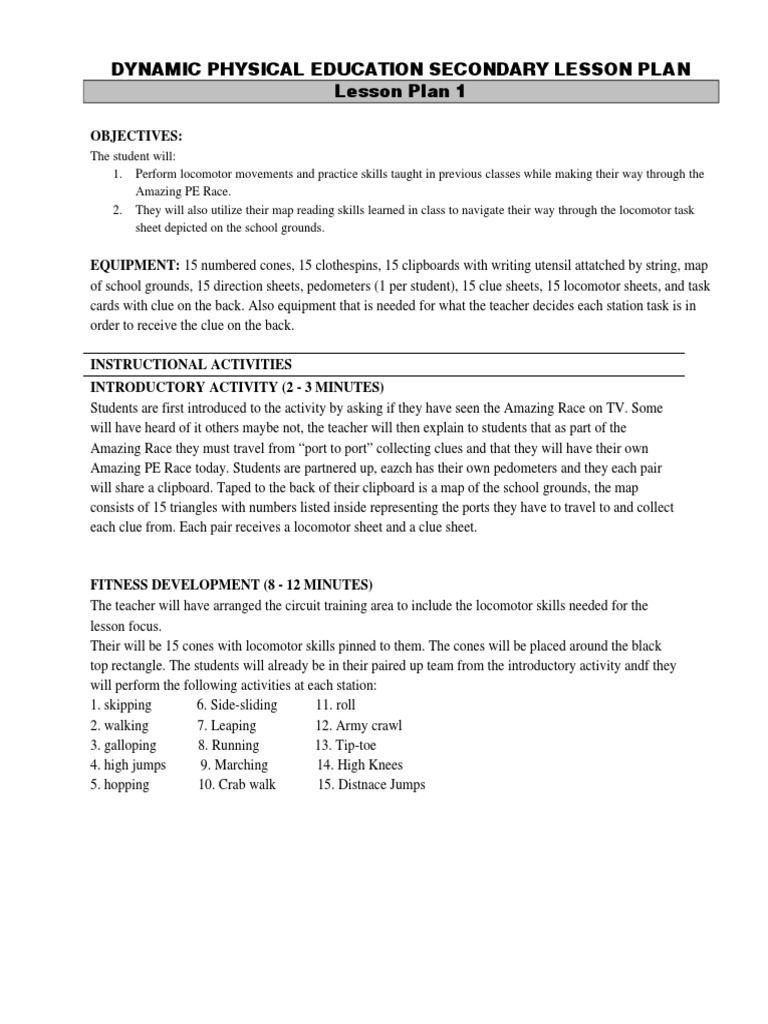 Lesson Plan - Amazing Pe Race | PDF | Physical Education | Lesson Plan