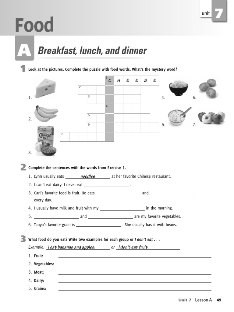 Four Corners Workbook1 Unit7 Food PDF | PDF | Lunch | Pasta