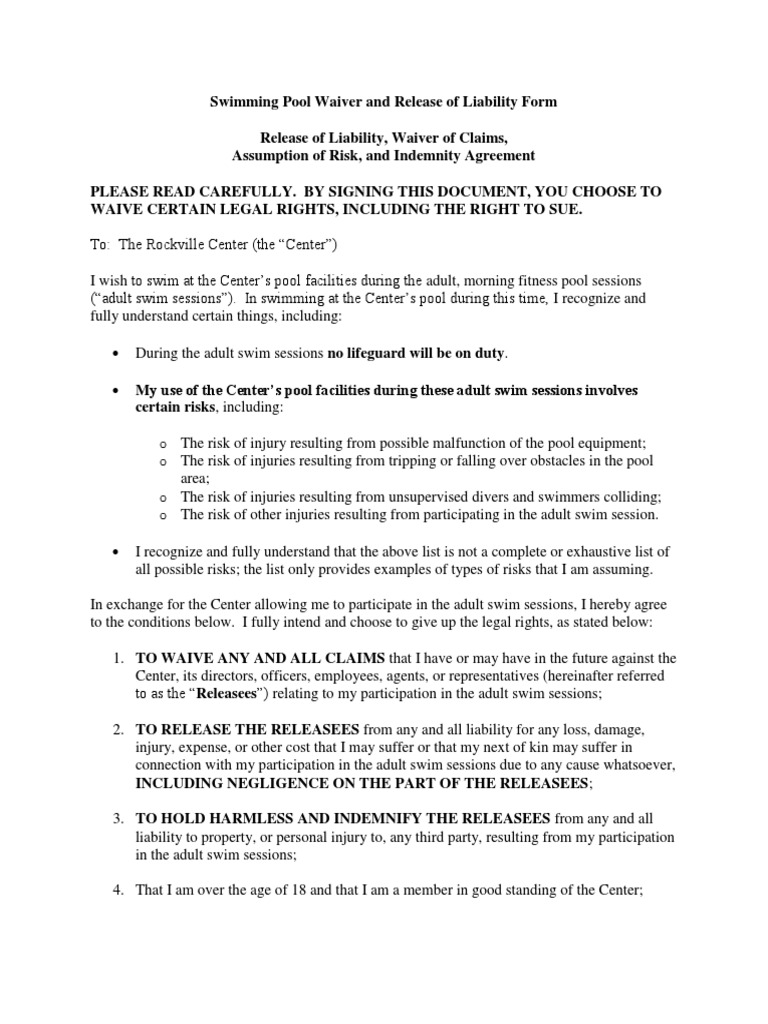Adult Fitness Swim Waiver | PDF | Indemnity | Civil Law (Legal System)