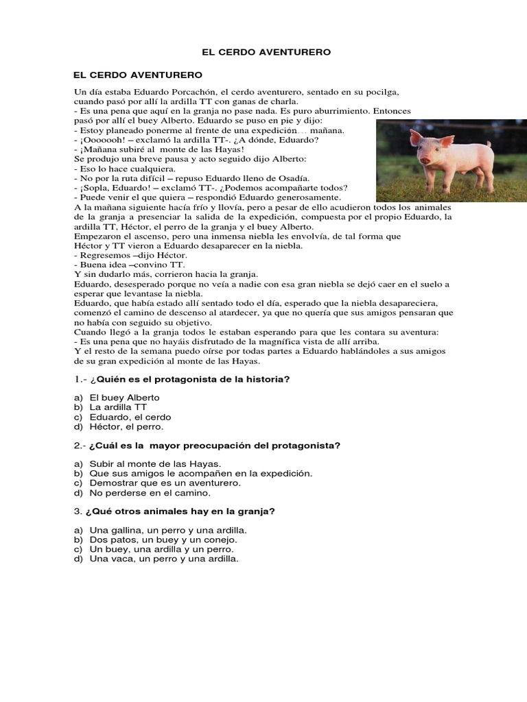 Comprension De Lectura 5 N 2 El Cerdo Aventurero Pdf Agitación Ocio