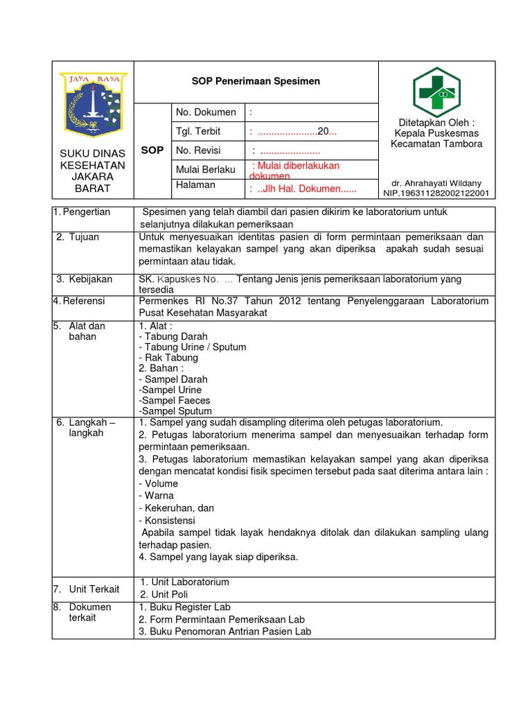 FORMAT SOP Penerimaan Spesimen | PDF