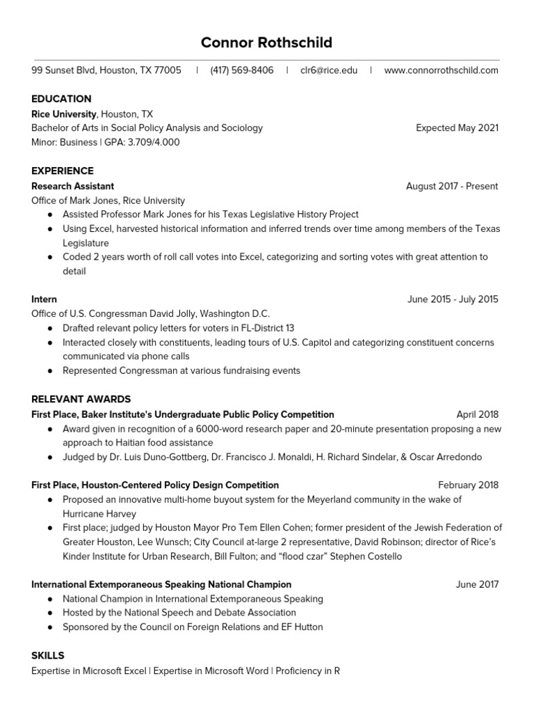 Connor Rothschild Resume (Updated April 2018) | PDF | Texas | Public Sphere
