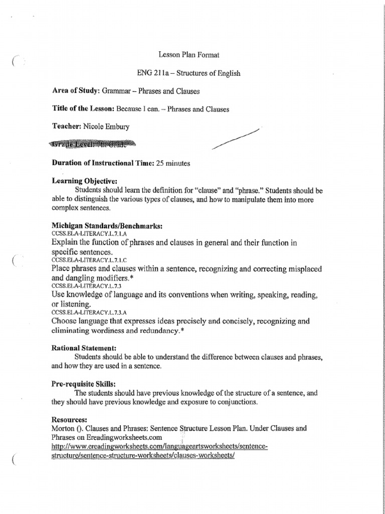 Grammar - Phrases and Clauses Lesson Plan 7th Grade | PDF