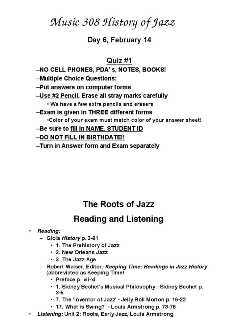 Quiz Prep and Document Overview for Music 308 History of Jazz Course ...