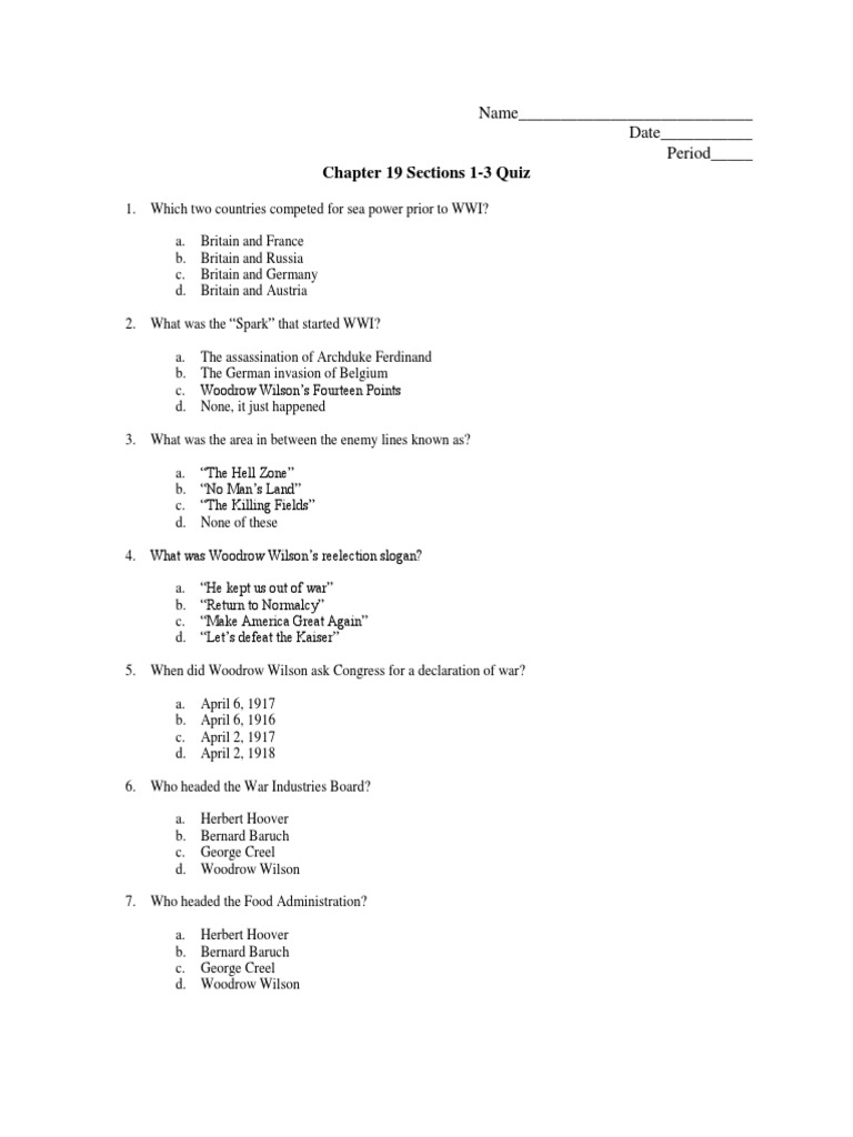Chapter 19 Quiz Samelson | PDF | Woodrow Wilson | World War I