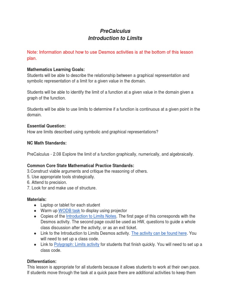 Lesson Plan Introduction To Limits Pre Calculus | PDF | Function ...