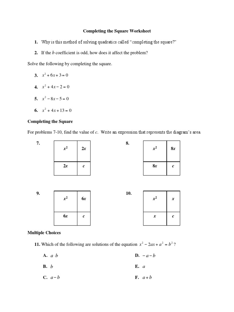 Completing The Square Worksheet | PDF