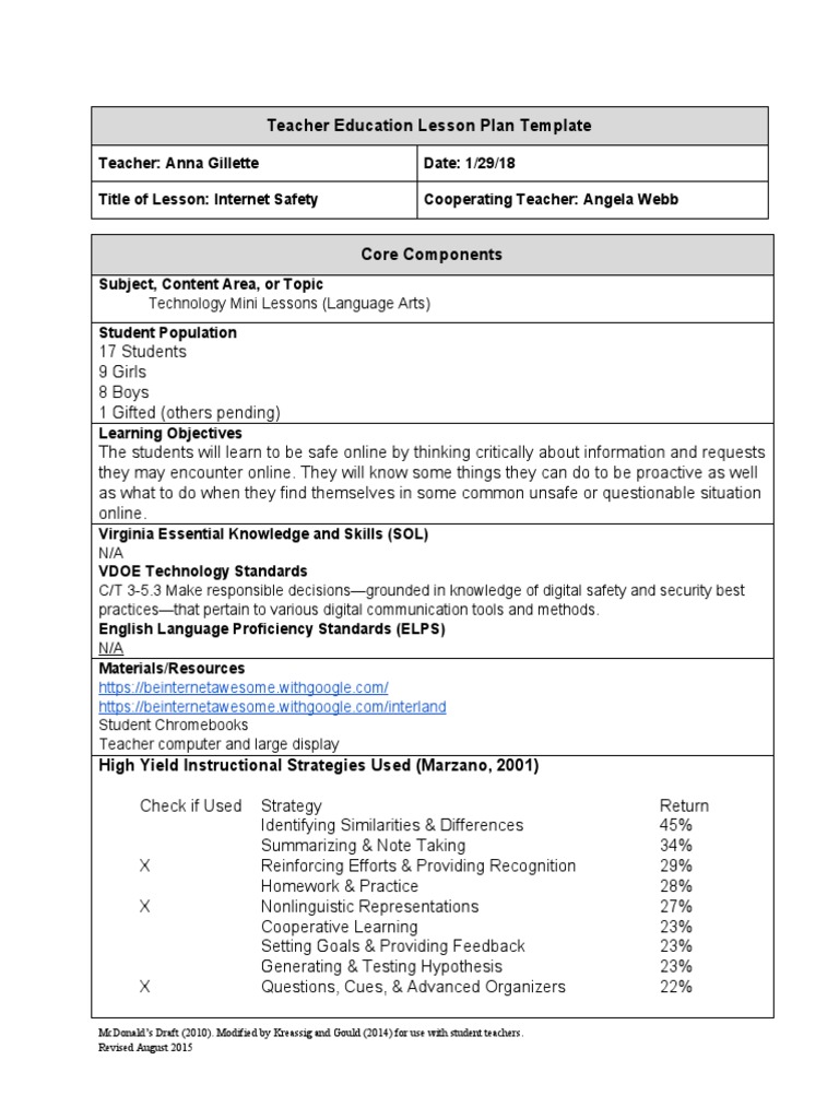Teacher Education Lesson Plan Template | PDF | Educational Assessment ...