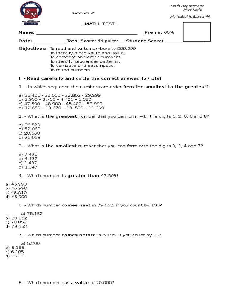 4 Grade Math Numbers - REVISADA | PDF | Banking | Numismatics