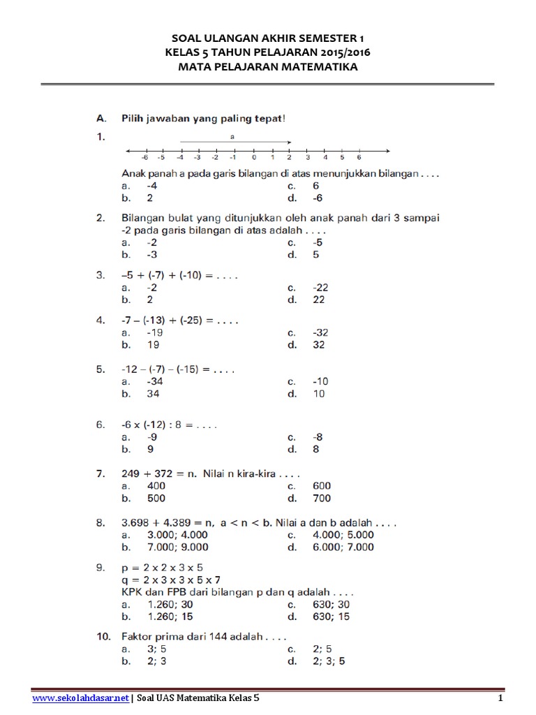 Soal UAS Matematika Kelas 5 Semester 1 PDF | PDF