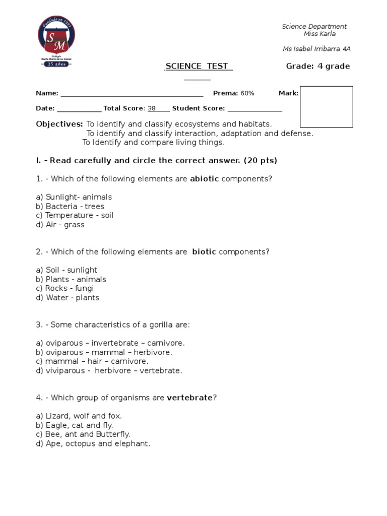 4 Grade Science Test Ecosistemas - REVISADA | PDF | Mammals | Predation