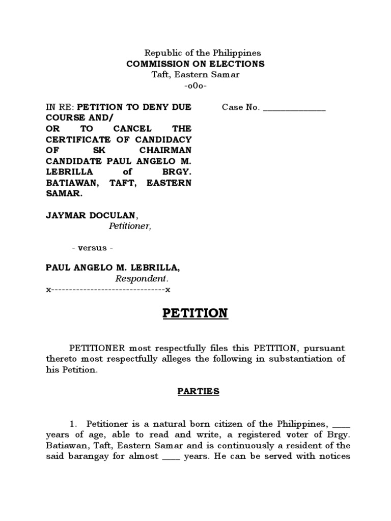 Petition To Cancel COC (Without Counsel) | PDF | Affidavit | Justice