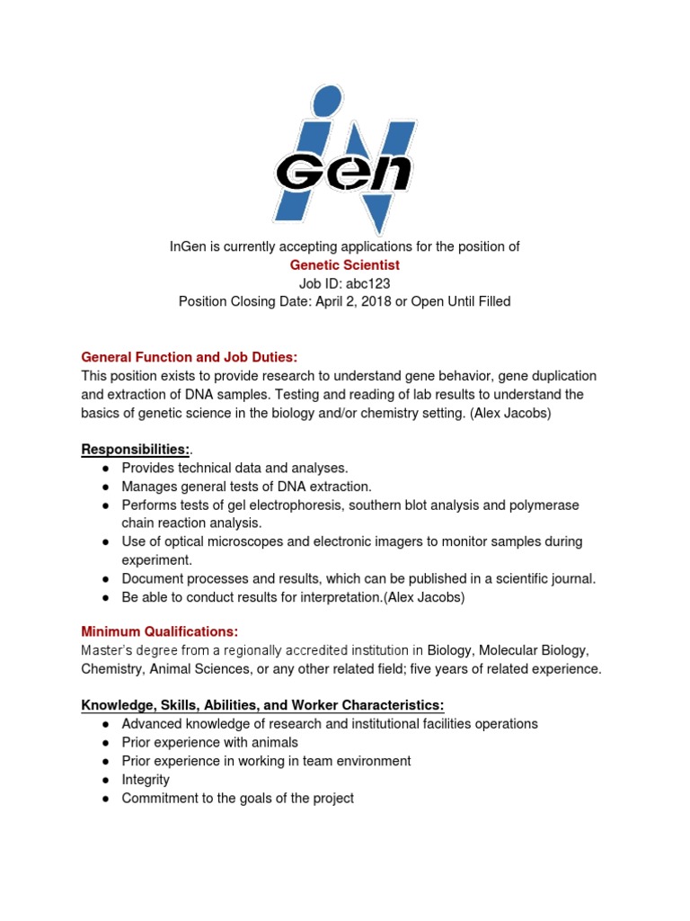 Ingen Job Description 2fapplication 1 | PDF | Genetics | Science