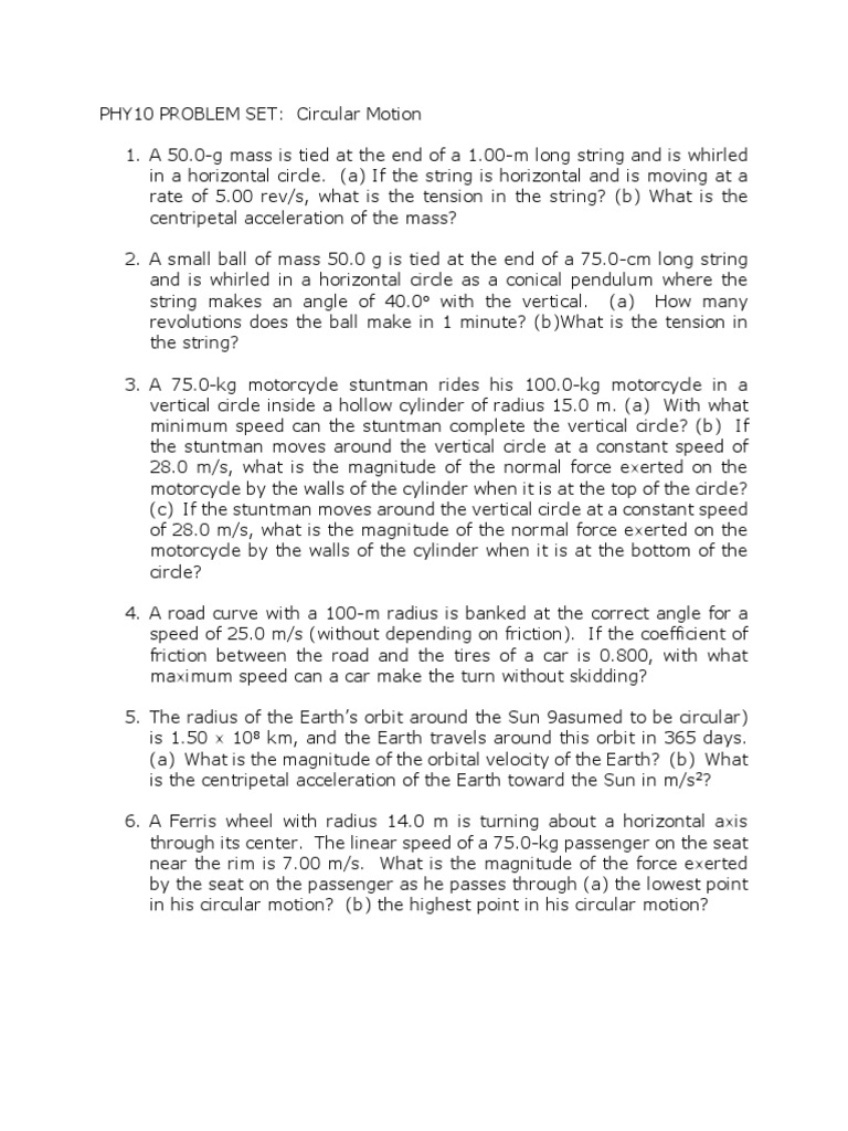 Problem Set in Circular Motion | PDF