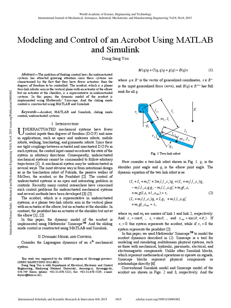 Modeling And Control Of An Acrobot Using Matlab And Simulink Pdf
