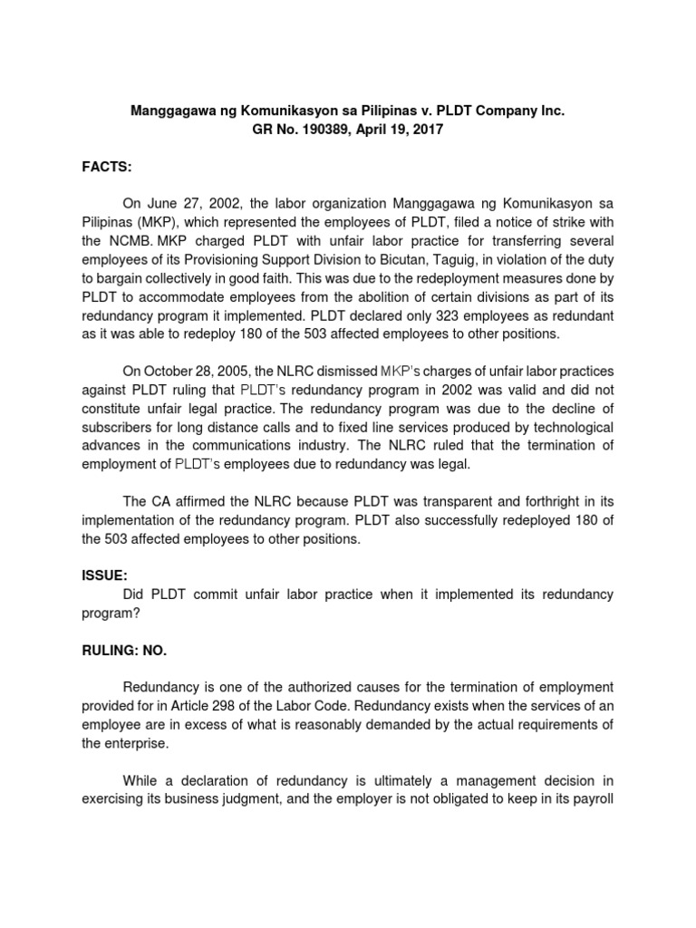 ULP - 2.manggagawa NG Komunikasyon Sa Pilipinas v. PLDT Company Inc. | PDF | Unfair Labor ...