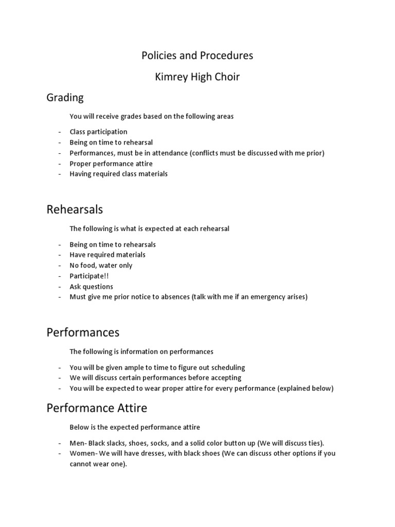 Rehearsals: Policies and Procedures Kimrey High Choir Grading | PDF