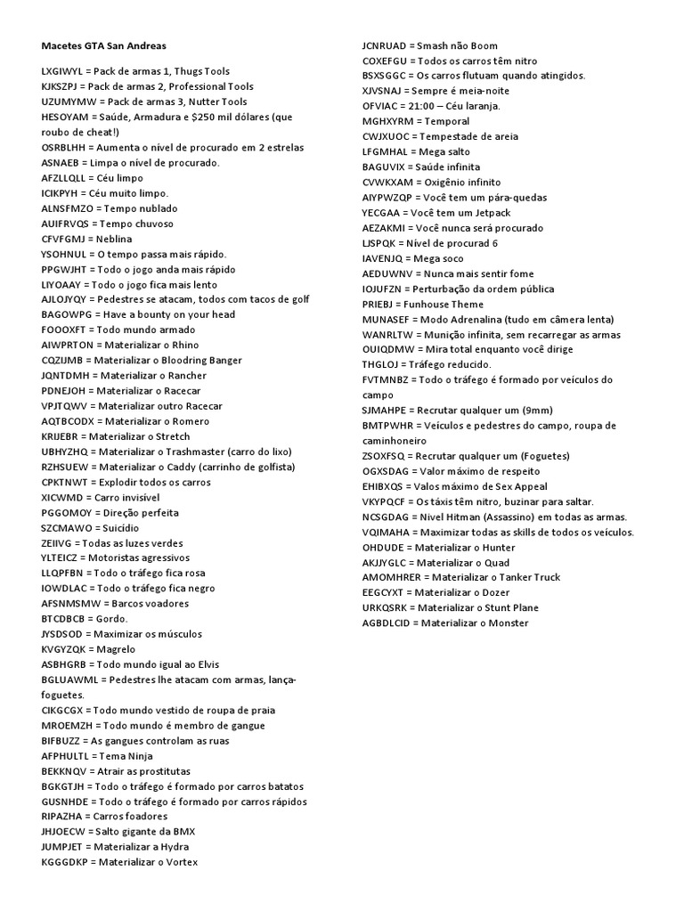 Macetes GTA San Andreas | PDF | Lazer | Esportes
