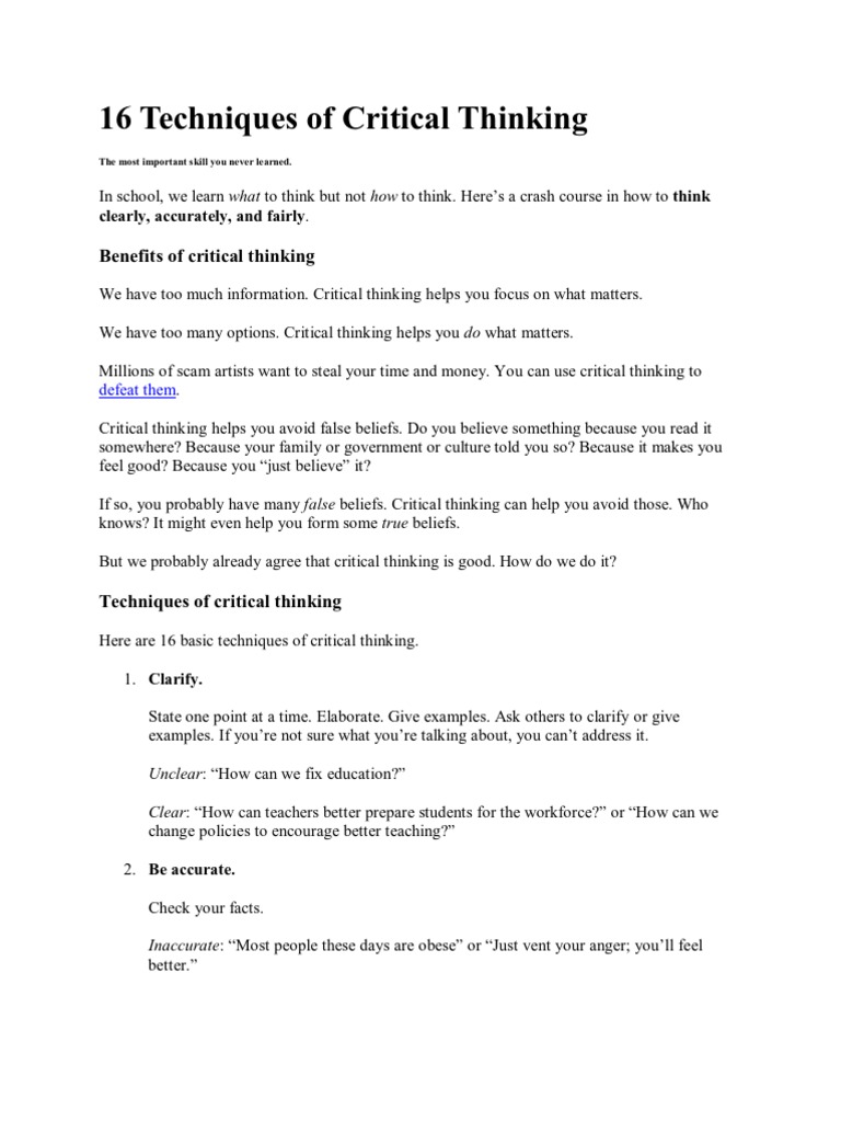 16 Techniques of Critical Thinking | PDF | Critical Thinking | Anger