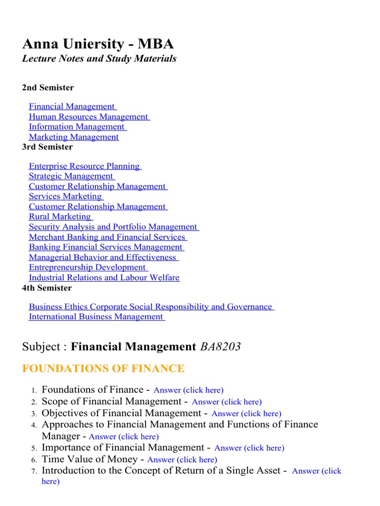 Anna University MBA - All Year, Semester Syllabus Ordered Lecture Notes ...