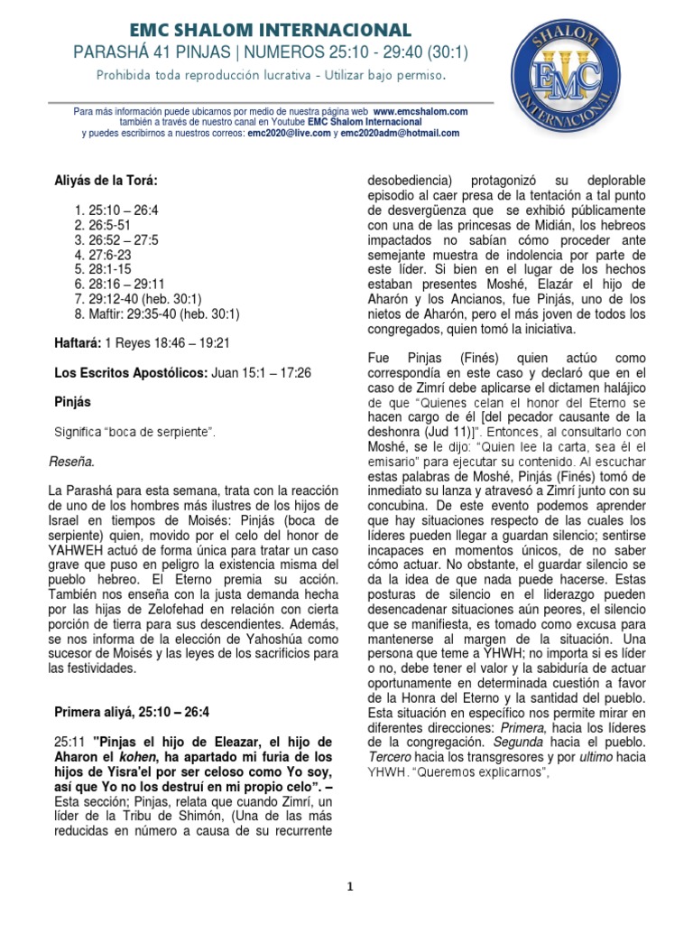 Parash - 41 Pinjas EMC JUL 2017 | PDF | Korban | Moisés